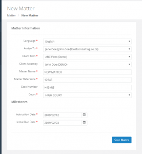 Create a New Matter - Cost Consulting Wiki